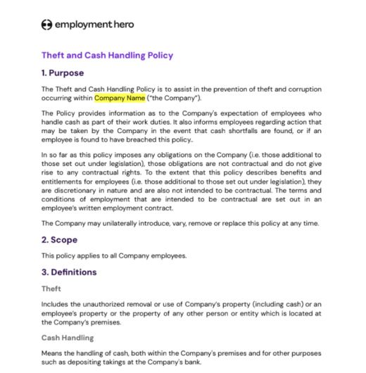 Cash Handling Template: Policy & Procedures - Employment Hero (CA)