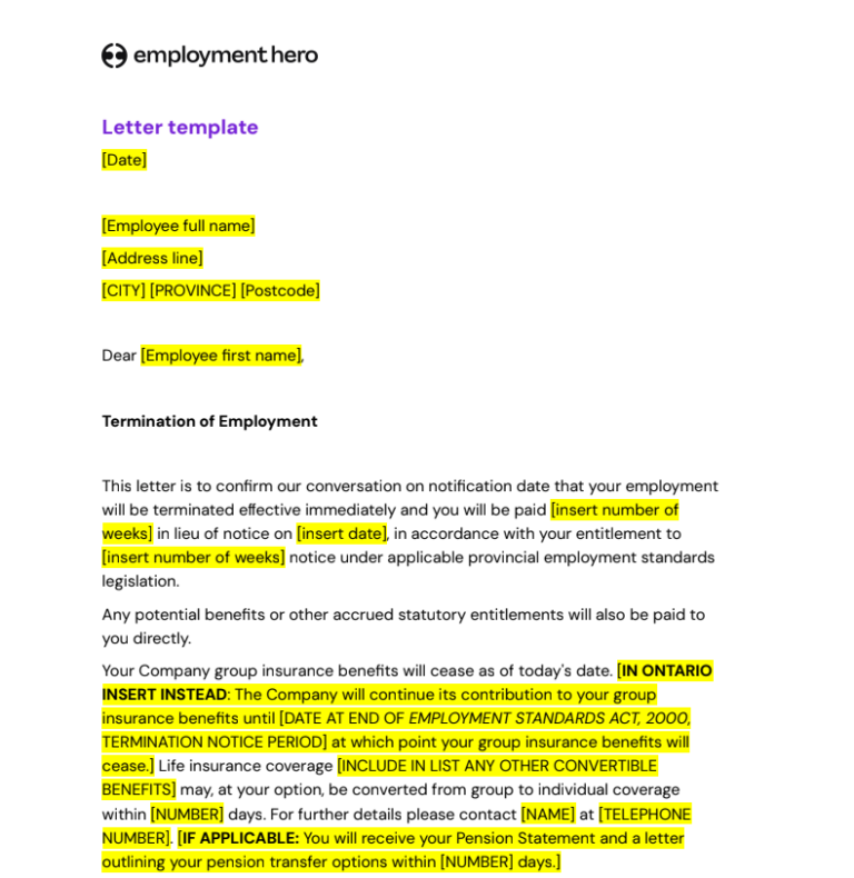 Termination of Employment Letter Template for Employers - Employment ...