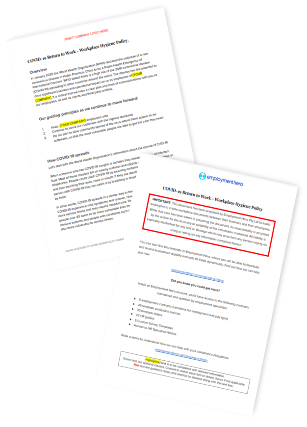 Covid-19 workplace hygiene policy template | Employment Hero